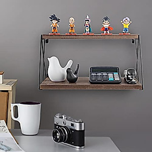 MyGift Wall Mounted 2 Tier Floating Display Shelf, Rustic Burnt Wood Collectibles Storage Shelf with Geometric Matte Black Metal Wire Side Brackets