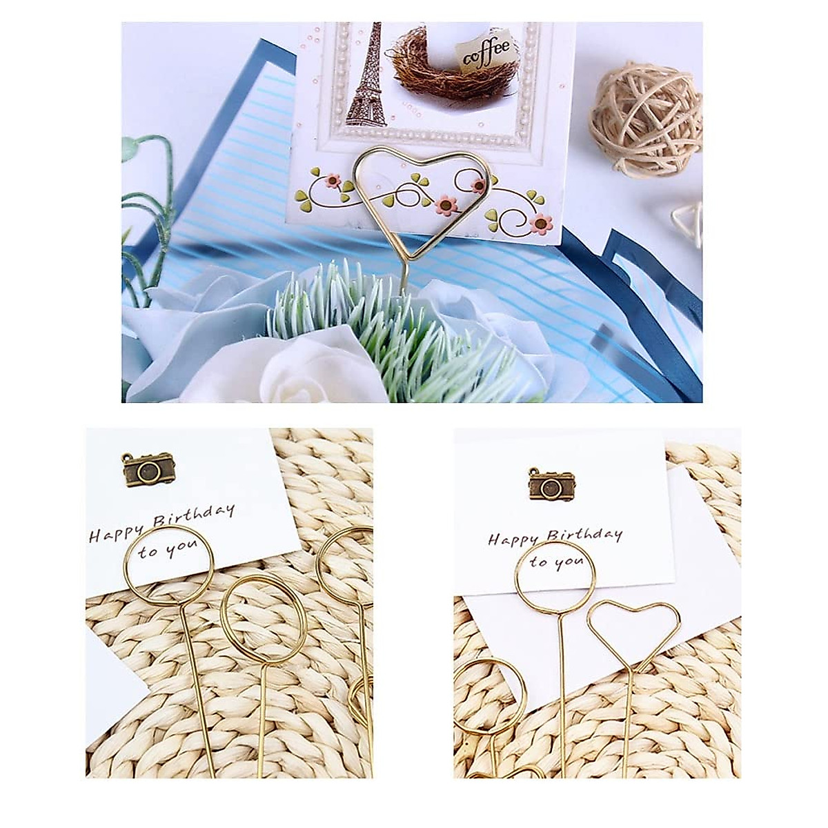 Bairdish 30 Pcs Gold Metal Floral Place Card Holder, 13.4 Inch Hearts Clip Flower Card Holder, Gift Card Tree Bouquet Stands for Diy Cake Vase Photos Wedding Party Birthday Table Number Holders