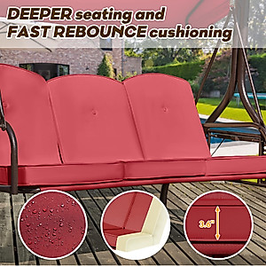 Yalissey 3 in 1 Outdoor Porch Swing with Adjustable Canopy, 3 Seat Outdoor Swing for Adults, Patio Swing Chair with Thickened Cushions,Pillows & Cup Holders for Backyard, Porch, Garden (Wine Red)