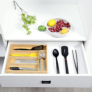 GREEHOMEDE Kitchen Drawer Organizer, Flatware Organizers, Silverware Tray with Dividers, Utensil Organizer, Bamboo Cutlery Tray, 14.6"x11.8"x1.8''
