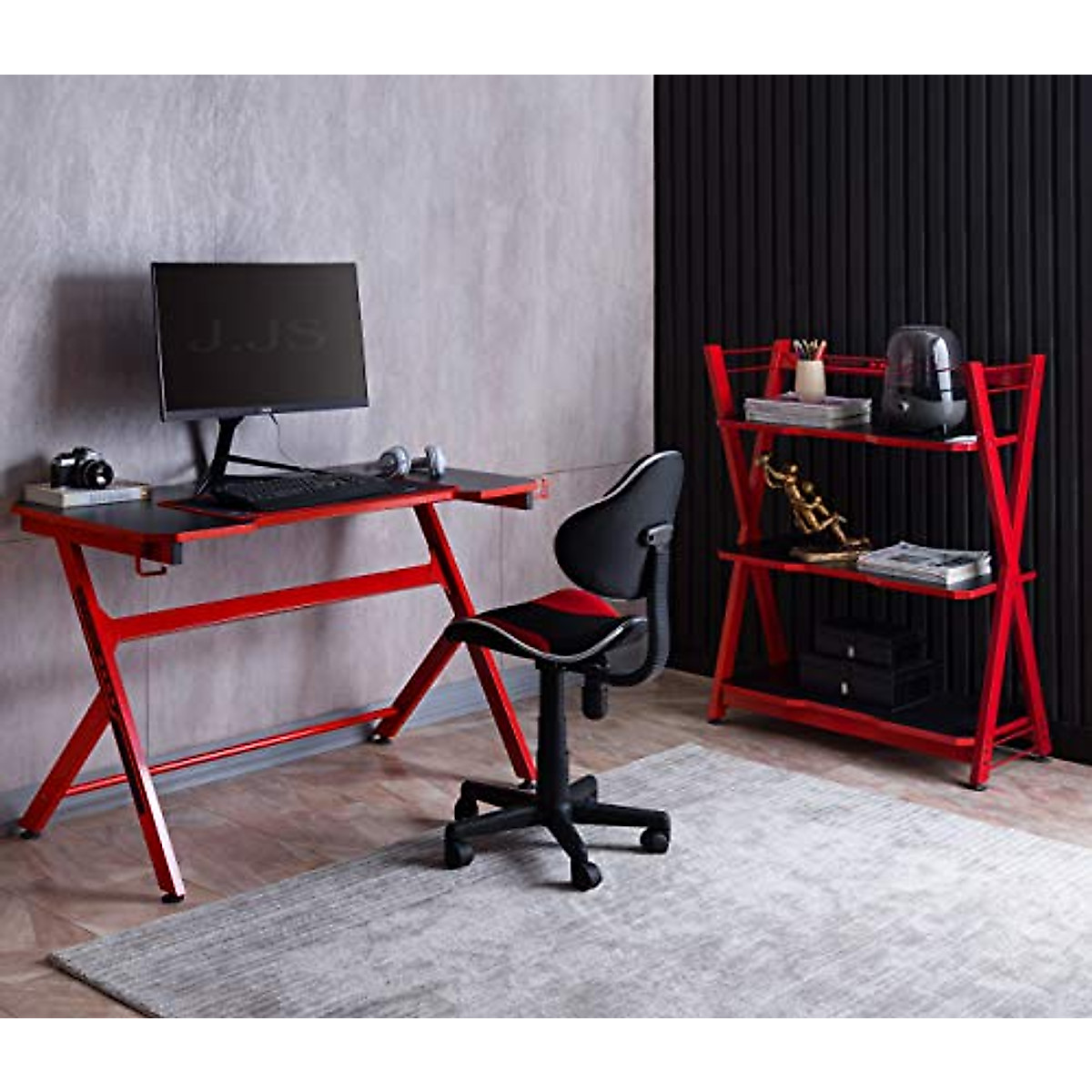 JJS 3-Tier Gaming Console Storage Shelf, Etagere Modern Display Shelving Unit Open Bookcase Rack for Gaming Desk Setup Speakers Figure Plant Stand, Red