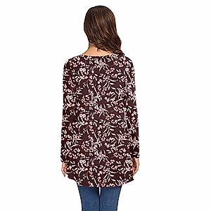 AWULIFFAN Women's Fall Long Sleeve V-Neck T-Shirt Tunic Tops Blouse Shirts (Flower Grass Wine Red,Medium)