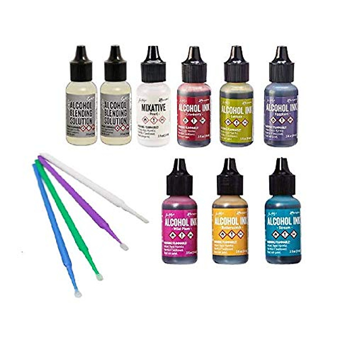 Tim Holtz Adirondack Alcohol Ink Value Pack Bundles of Favorite Colors Plus Pearl Mixative with Two Alcohol Blending Solutions, Bonus Purple Turtle Blending Sticks, (Favorite 5 Bolds)