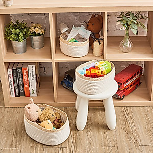 EZOWare Set of 3 Small Cotton Rope Storage Basket, Decorative Nesting Woven Round Organizer Bin with Handle for Kids Baby Closets, Room Decor, Dog Cat Toys, Towels, Gift Baskets Empty - Natural White