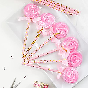 KEDON Pink Gold Paper Straws 100, Disposable Cake Pop Sticks Metallic Gold Striped Star Decorative Pink Straws for Drinking Cocktail Bachelorette Wedding Crafts Baby Bridal Shower Gender Reveal