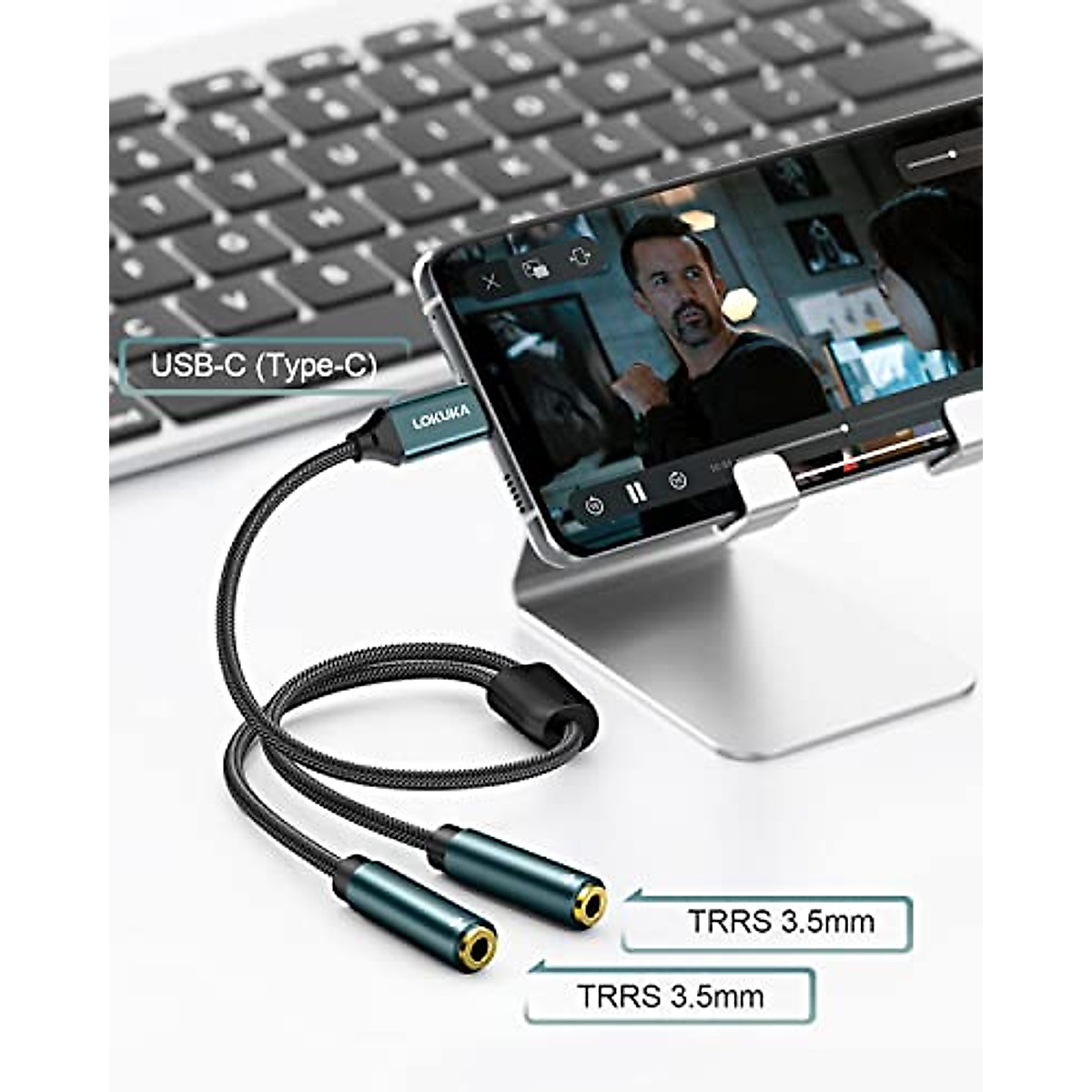 LOKUKA USB C to Dual 3.5mm Female Headphone Splitter, Type C to AUX TRRS 2-in-1 Audio Adapter with Hi-Res DAC Chip, for USB-C Smartphone, Laptop, Pad to Two Headphones, Speakers, TRRS Microphones