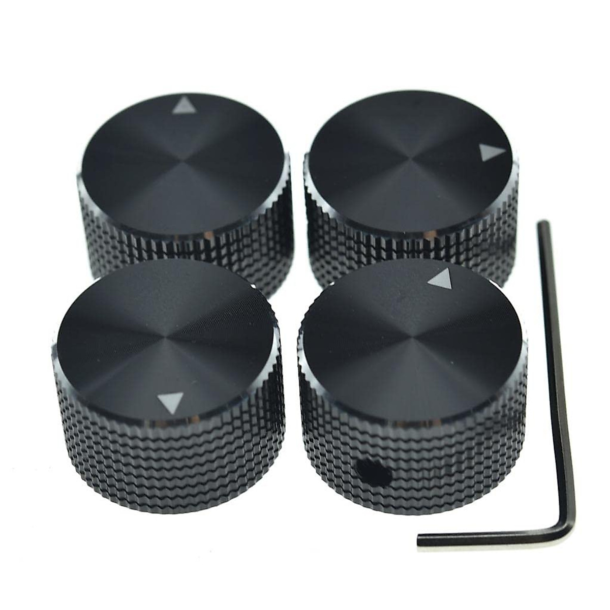 4pcs 25*15.5mm Set Screw Aluminium Potentiometer Knobs 1/4" Metal Universal Pot Control Knobs w/ Polished Edge for Guitar/Bass/Efffect Pedal/AMPS/Preamps/Audio Equipments Black with Indicator Triangle