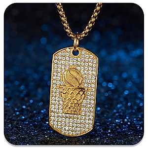 PEAS 18K Gold Plated Jewelry Basketball Hoop Dog Tag Pendant Iced Out Crystal Necklace,22" Box Chain