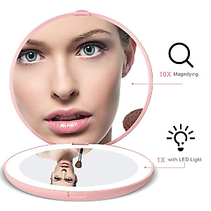 LIANGDU Lighted Compact Mirror with Magnification, 10x Magnifying LED Mini Mirror with Light for Travel and Purse, Pocket Makeup Mirror 3.5 inch Portable Folding Mirror, Women Birthday Gift