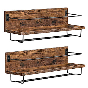 HOOBRO Wall Mounted Wine Rack 2 Pack, Wine Shelf Hanging Floating Wall Shelves, Wine Glass Bottle Rack Stemware Holder, for Living Room, Dining Room, Kitchen, Rustic Brown and Black BF28BJ01