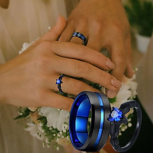 Personalized Matching Promise Rings for Couples Stainless Steel Black and Blue Wedding Rings Set for Him and Her Engraved Name Rings for Couples 8mm Mens Wedding Band Womens Blue Sapphire (Men's Ring)