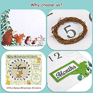 Baby Monthly Milestone Blanket, Unisex Woodland Monthly Blanket and Milestone Stickers for Newborn Baby Shower, Unisex Baby Growth Chart Monthly Blanket for Boy and Girl,