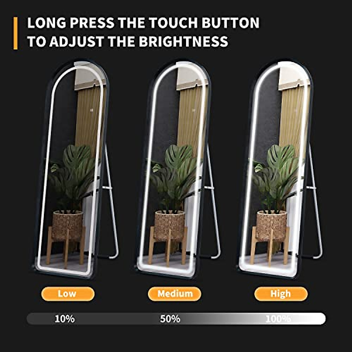 S'bagno 63"x20" Arched-Full-Length-Mirror-with-Lights, Bedroom Full-Body-Floor-Mirror Aluminum Black Frame, Wall-Mounted Hanging Dressing-Mirror with Touch Dimming& 3000K 4000K 6500K