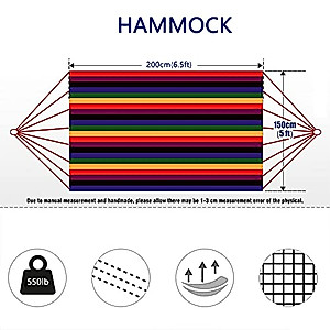 Garden Hammocks Comfortable Fabric Hammock Portable with Carrying Bag for Outdoor Patio Yard Backyard, Beach, Camping Travel, Load Capacity Up to 550 Lbs Canvas Cotton Hammocks (Rainbow)
