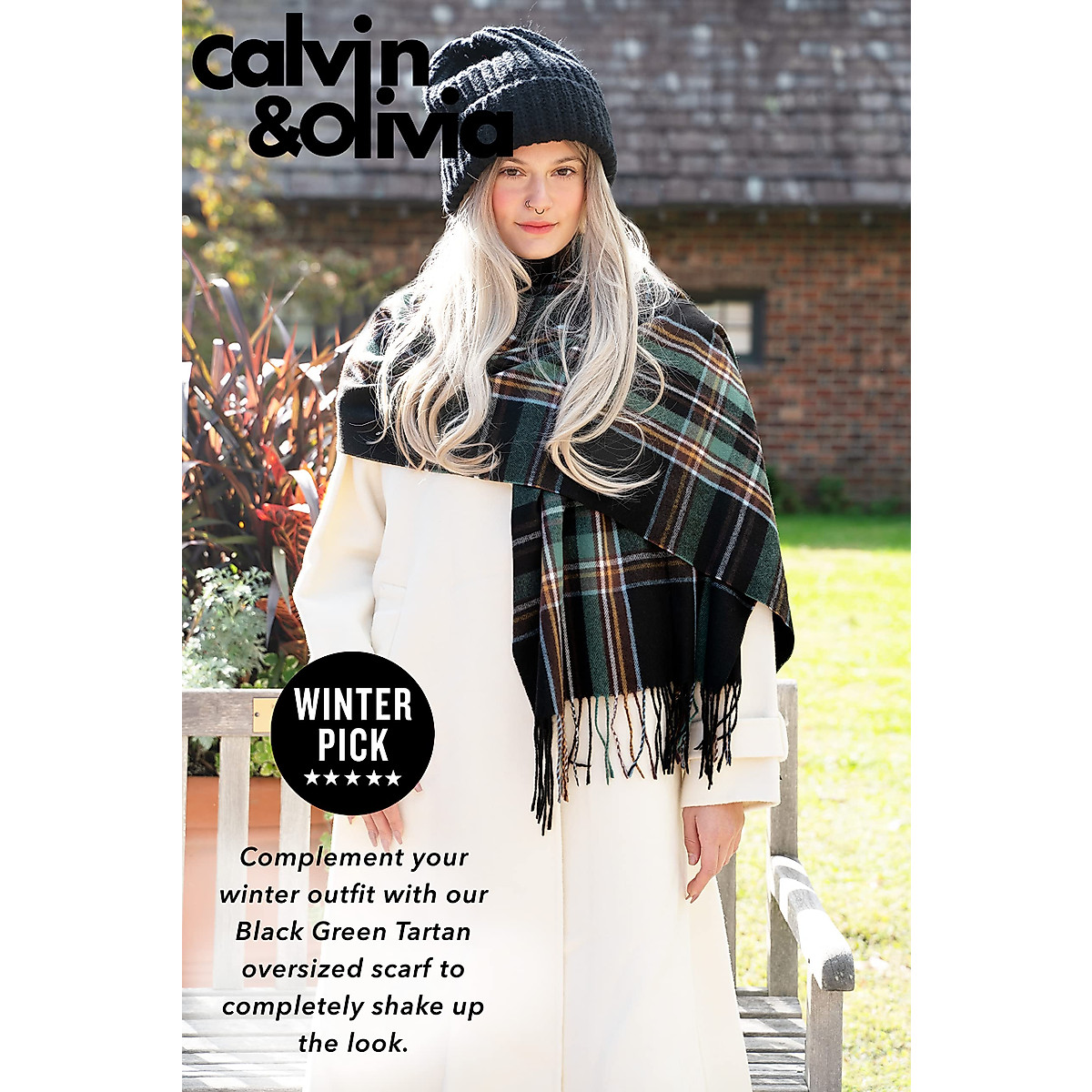 CALVIN & OLIVIA Women's Fall Winter Scarf Thick Classic Plaid Scarf Wrap Warmth Soft Oversized Cashmere Feel Scarves Amazing Tartan Black Green