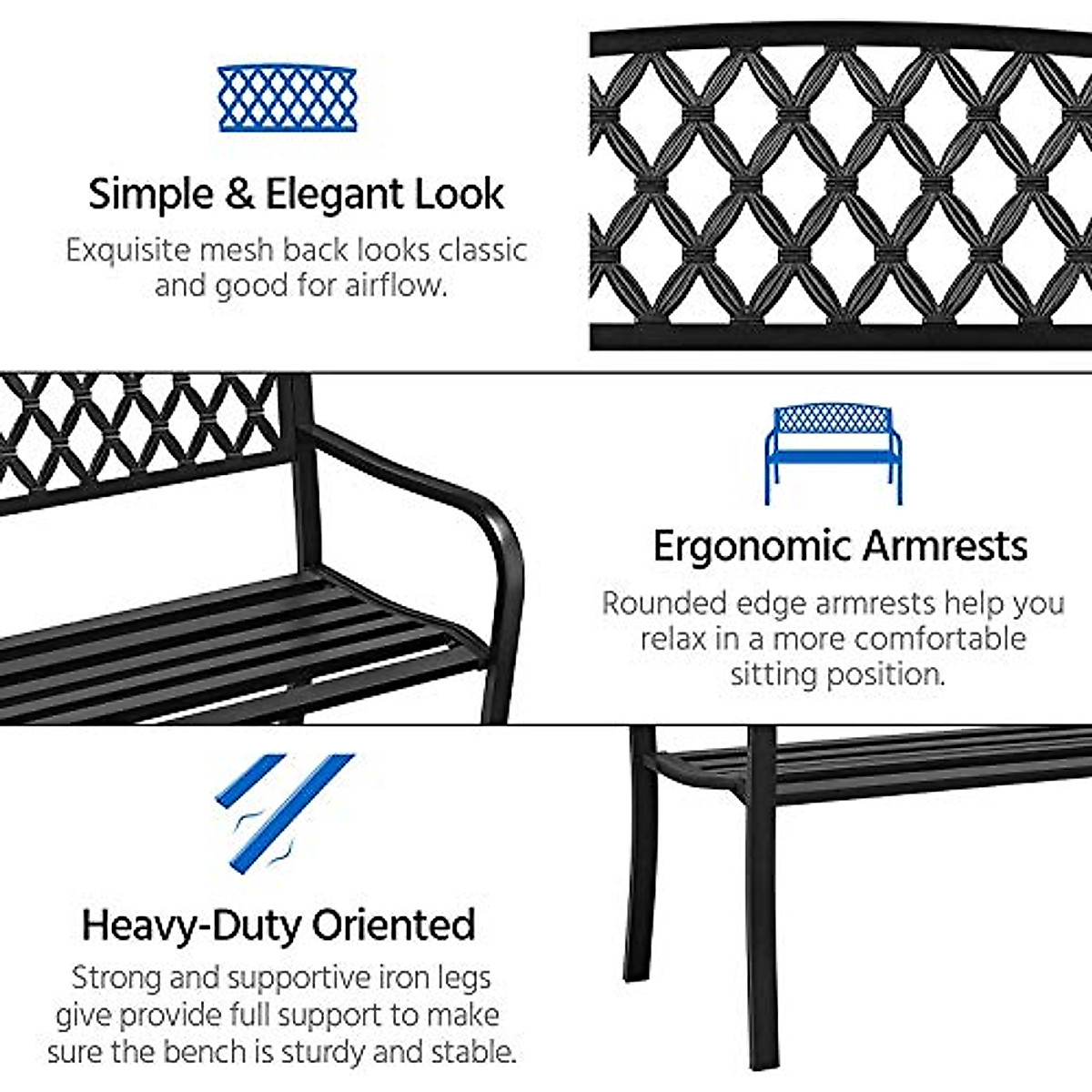 Metal Garden Park Bench,50in Powder Coated Iron Steel Frame Patio Bench wCross Design Backrest & Slatted Seat,Exquisite Grid Embellishment Patio Metal Bench for Front Porch Yard Lawn Deck,Black