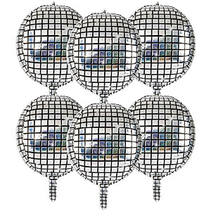 C CRYSTAL LEMON Disco Ball Balloons – 22-Inch Disco Ball Balloon Set for Weddings, Parties, Bridal Showers, Events – Aluminum Foil Disco Balloons in 4D – Round Metallic Silver 70s Balloons – 6pcs