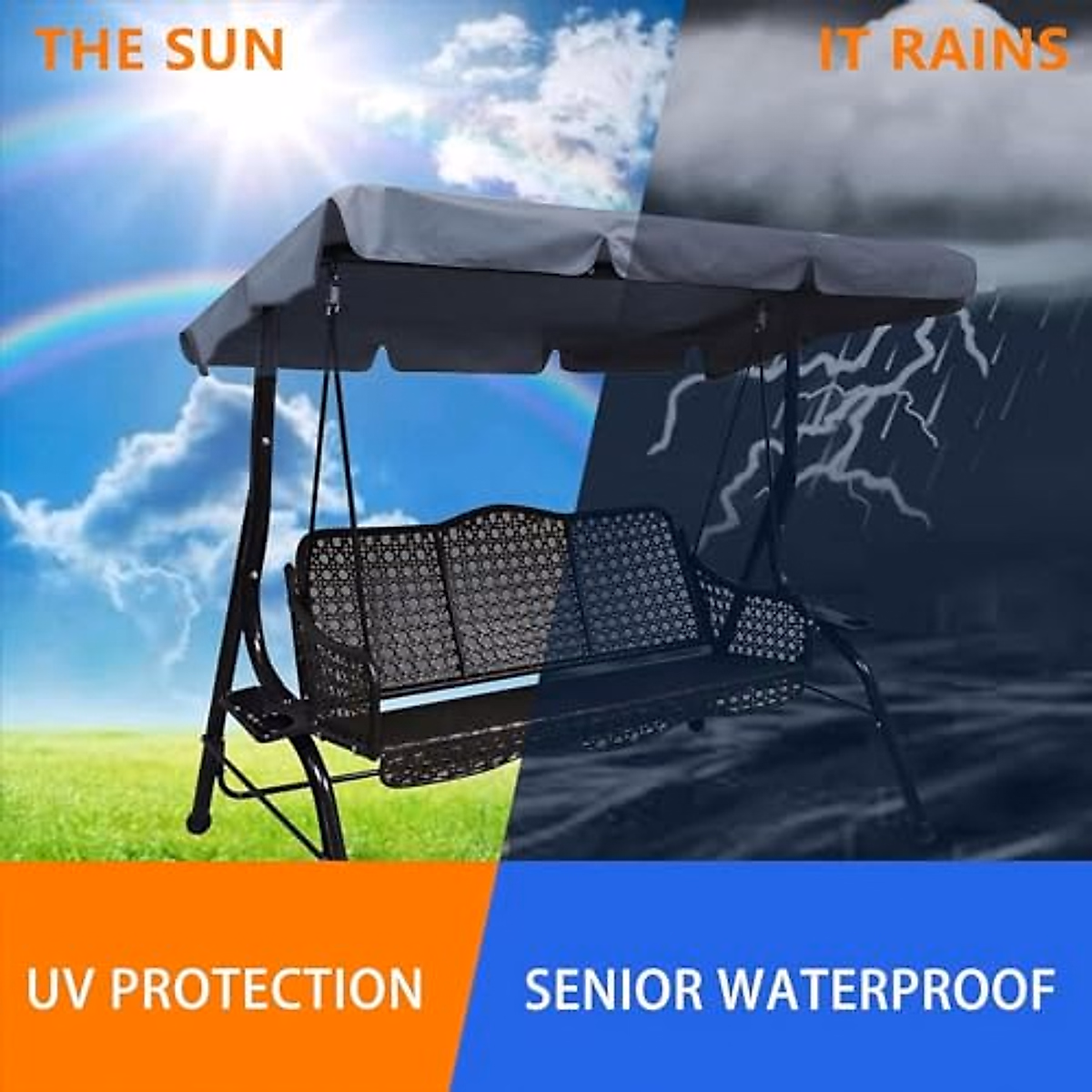 BTURYT 210D Patio Swing Canopy Cover 2 Or 3 Seater Sizes Waterproof Seat Chair Awning Sun Shade Roof Anti-Uv Garden Hammock Replacement Canopy (Swing Seat Canopy only)
