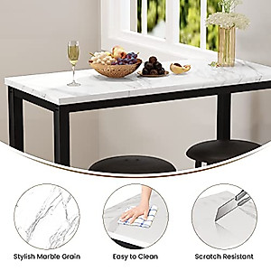 AWQM Bar Table Set of 2,39.3" Faux Marble Table Top,PU Leather Stools,3 Piece Pub Height Table Set,Breakfast Nook Dining Table Set with 2 Round Stools,Ideal for Living Room,Kitchen,Bar,White