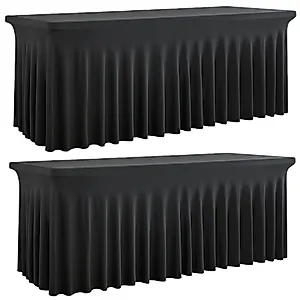 Outpain Spandex Tablecloth for 6 Foot Rectangle Tables, 2 Pack Black Wrinkle Free Fitted Table Cloths 6ft Stretchy Banquet Table Clothes Cover Desk Skirt for Birthday Wedding Parties Baby Shower