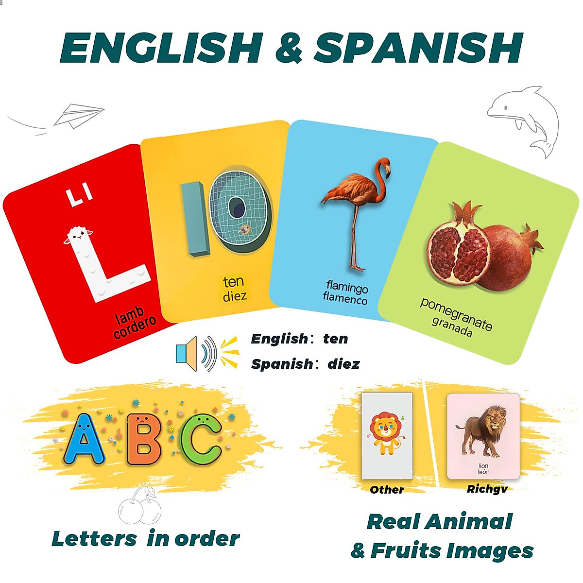 Richgv Flash Cards for Toddlers 1-2-3-4 Years Old, Bilingual 4 Sets Flash Cards for Baby 6 12 18 Months, Alphabet Numbers Fruits Animals, Learning & Education Toys Gifts Kindergarten Preschool