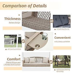 RYNSTO 3-Seat Wicker Hanging Porch Swing Outdoor with Non-Spill Cup Holder, Rattan Patio Swing Bench Ergonomic Design with Cushions & Chains, Heavy Duty 900 LBS Capacity for Deck, Garden, Backyard