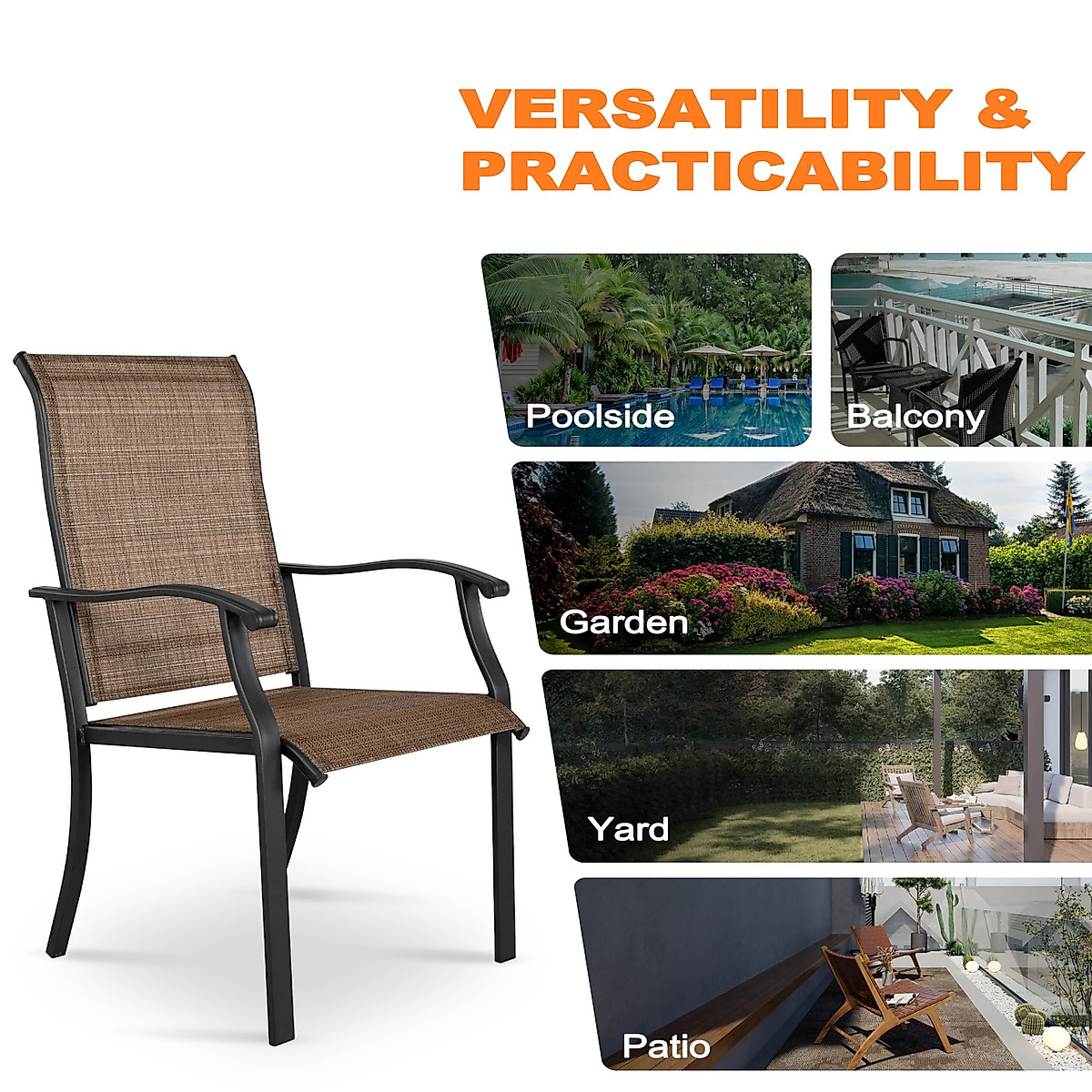 NUU GARDEN Patio Dining Chairs Set of 2, Outdoor Chairs with Armrest, Indoor/Outdoor Chairs Backyard Deck Garden Chairs, Restaurant Kitchen Dining Textilene Chairs,Brown