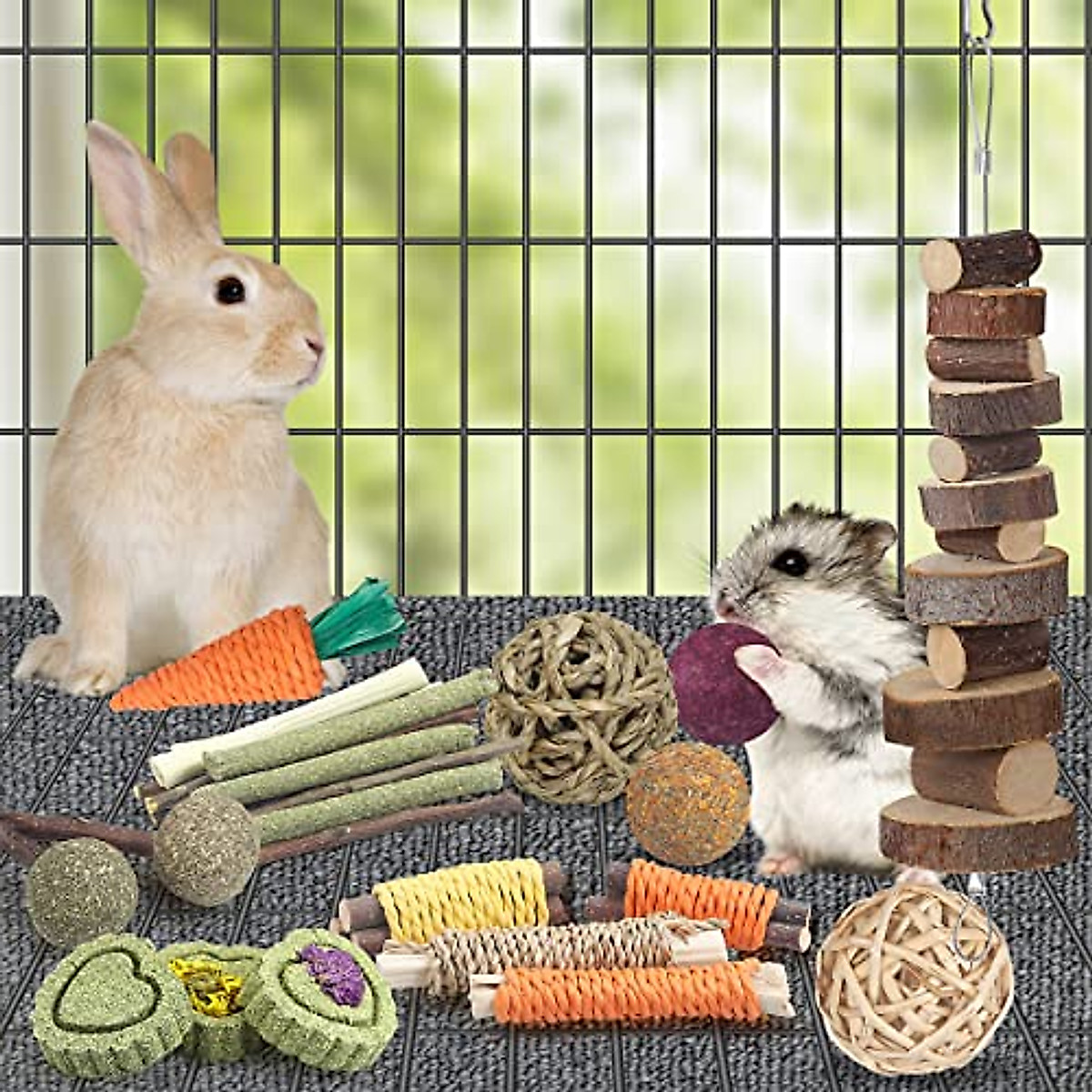 YIXUND Rabbit Toys Guinea Pig Toys Hamster Toys Bunny Toys 18Pcs Natural Timothy Hay Sticks Apple Wood Sticks Chinchilla Toys for Teeth Care Handmade