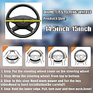BELOMI Leather Elastic Steering Wheel Cover, Universal 15 Inch, Non-Slip and Breathable, Car Interior Accessories, Durable Waterproof Steering Wheel Protector Wrap for Sedan, SUV, Truck (Black)