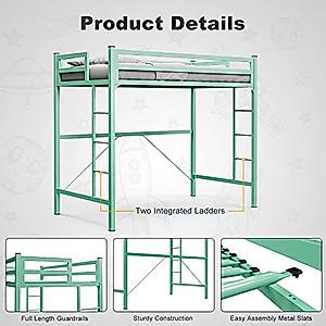 IKIFLY Junior Metal Twin Size Loft Bed Frame with 2 Ladders, Safety Guard Rail, Noise Free, Space-Saving Design - for Adults/Teens - Mint Green