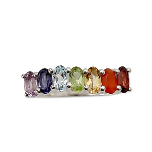 NOVICA Artisan Handmade Multigemstone Chakra Ring Sterling Silver Jewelry Garnet Carnelian Citrine Peridot Iolite Band Cocktail India Birthstone [ring Front 0.8 in L x 0.2 in W x 0.2 in H Band Width ]