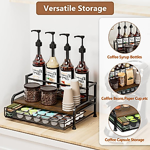 PONEYA Coffee Syrup Rack Organizer, 3-Tier 8 Bottles Coffee Syrup Rack with 35 K Cup Storage Basket for Coffee Bar, Syrup Bottle Holder Stand for Syrup, Wine, Dressing for Kitchen Coffee Station