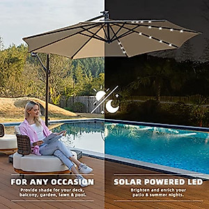 wikiwiki 10ft Solar LED Offset Hanging Market Patio Umbrella for Backyard, Poolside, Lawn and Garden,Easy Tilt Adjustment, Polyester Shade & Cross Base(Beige)