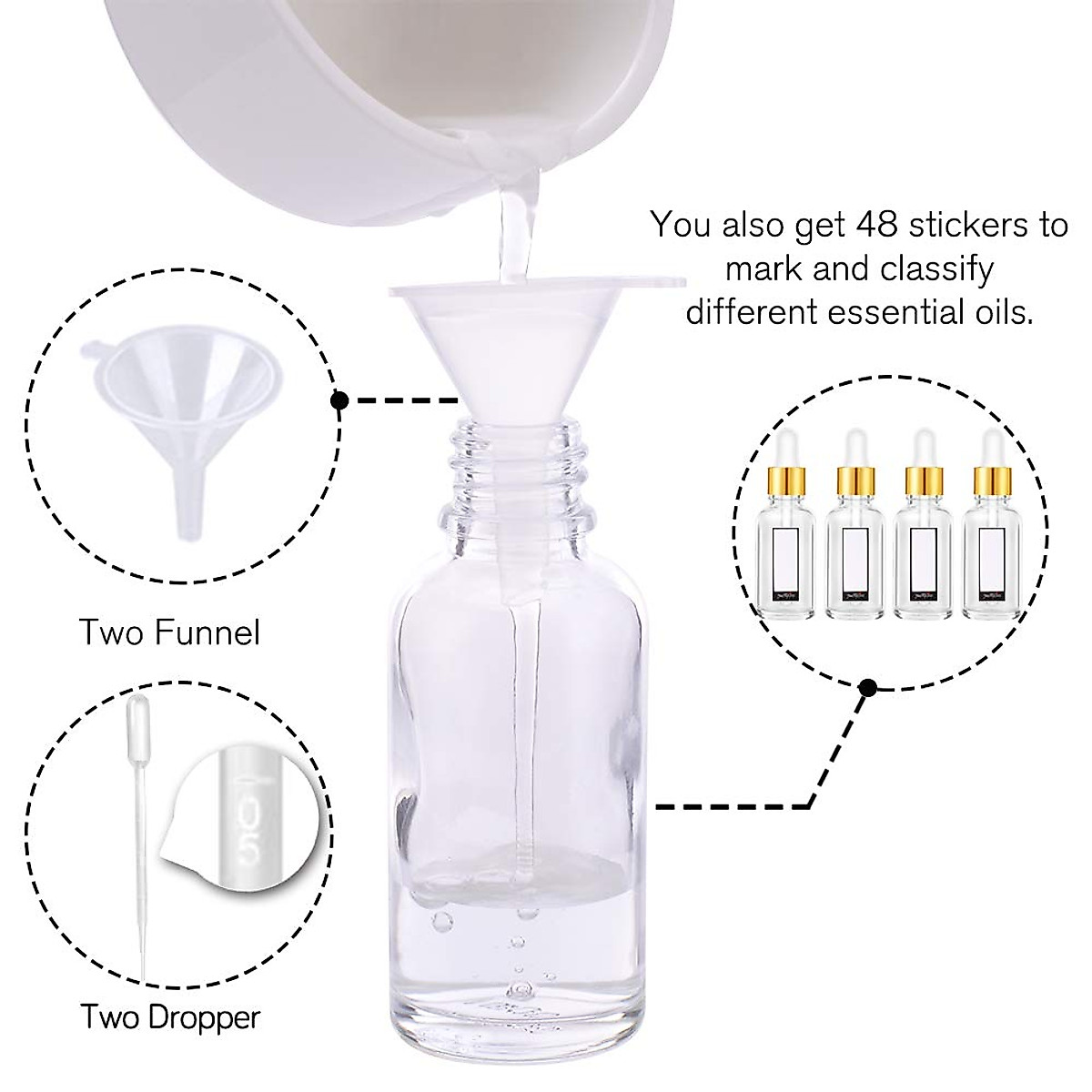 PrettyCare 1oz Glass Dropper Bottle 24 Pack Clear Glass Bottles Empty with 2 Funnels & 2 Long Pipettes, 30ml Eye Dropper Bottles for Essential/Cuticle/Body Oils, Tincture
