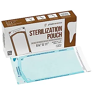 200 5.25 x 10 Self-Sterilization Pouches for Cleaning Tools, Autoclave Sterilizer Bags for Dental Offices, Pouch for Dentist Tools, 200 Pouches, 1 Box of Paper Blue Film