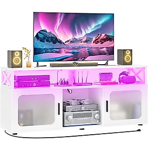 Aheaplus TV Stand for 55 60 Inch TV, Entertainment Center with LED Light & Charging Station, TV Console Table, Large Media Console Cabinet w/Soundbar Shelf, Cord Holes, for Living Room, Bedroom, White