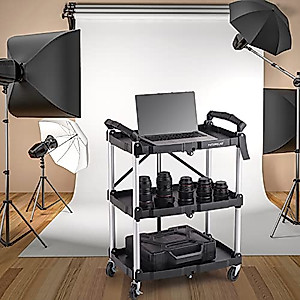 FUTURELAB Portable Folding Service Cart - 3 Tier 330LBS Capacity - Rolling Cart Utility Cart Foldable Cart with Wheels for Warehouse Home Workshops Garages Restaurants Offices