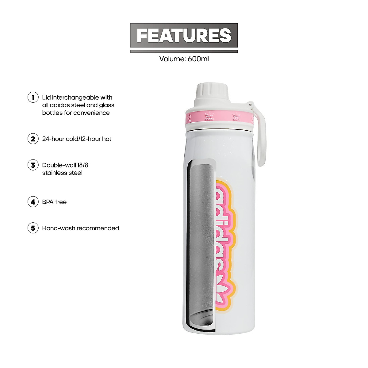 adidas Originals 600 Ml (20 Oz) Metal Water Bottle, Hot/Cold Double-Walled Insulated 18/8 Stainless Steel, White/Pulse Magenta Pink/Hazy Orange, One Size