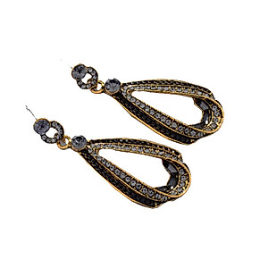 Antique Gold Bronze Tone Art Deco Vintage Gatsby Flapper Style Grey Onyx Jet Black Gray Rhinestone Dangle Earrings