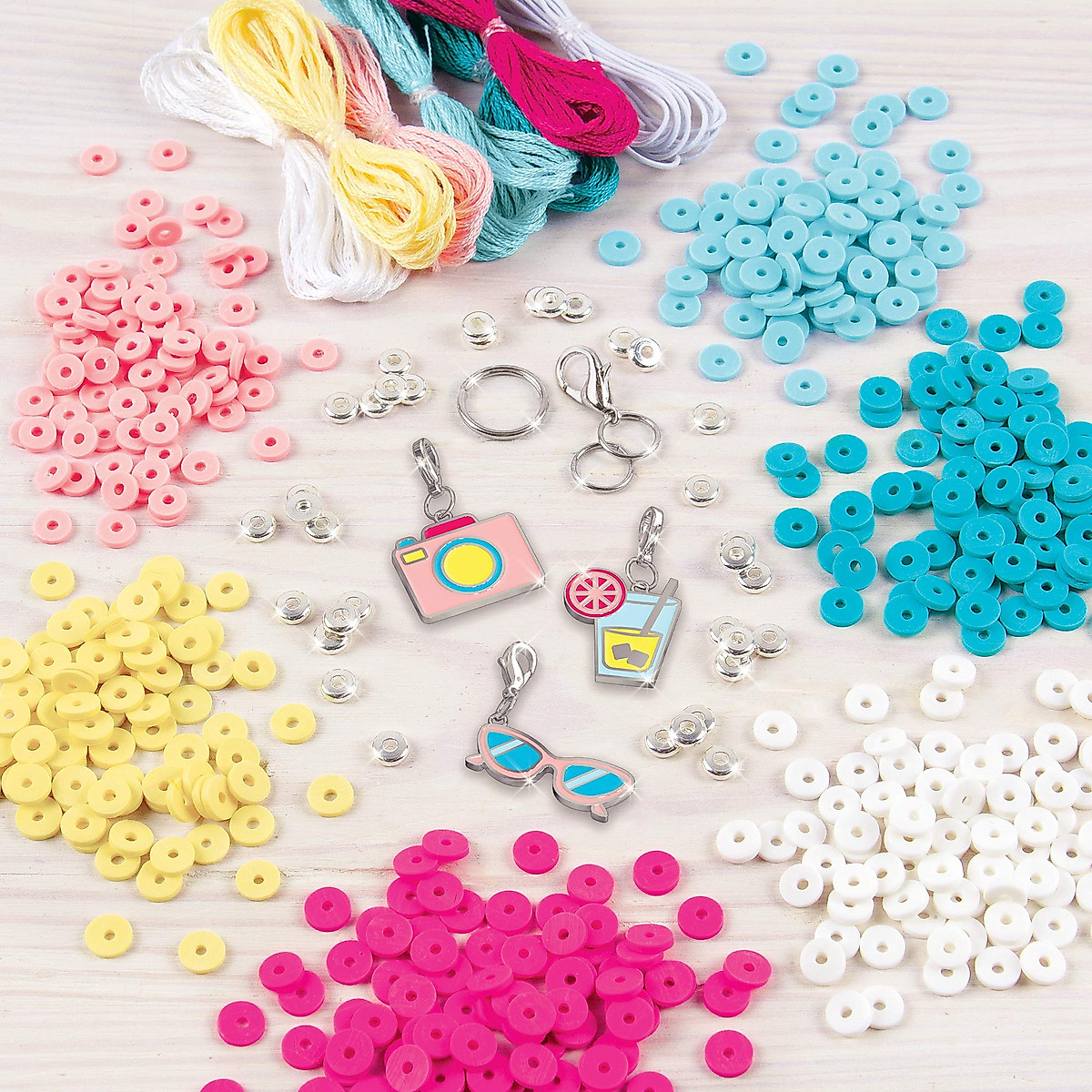 Make It Real - Summer Vibes Heishi Bead Bracelets - DIY Charm Bracelet Making Kit with Case - Friendship Bracelet Kit with Beads, Charms & Thread - Arts & Crafts Bead Kit for Girls - Makes 5 Bracelets