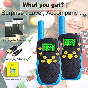 UECOO Rechargeable Walkie Talkies for Kids 22 Channels 2 Way Radio Toy with 2×1200mAh Lithium Battery Backlit LCD Flashlight 3 KM Long Range for Boys Girls Birthday (Black)