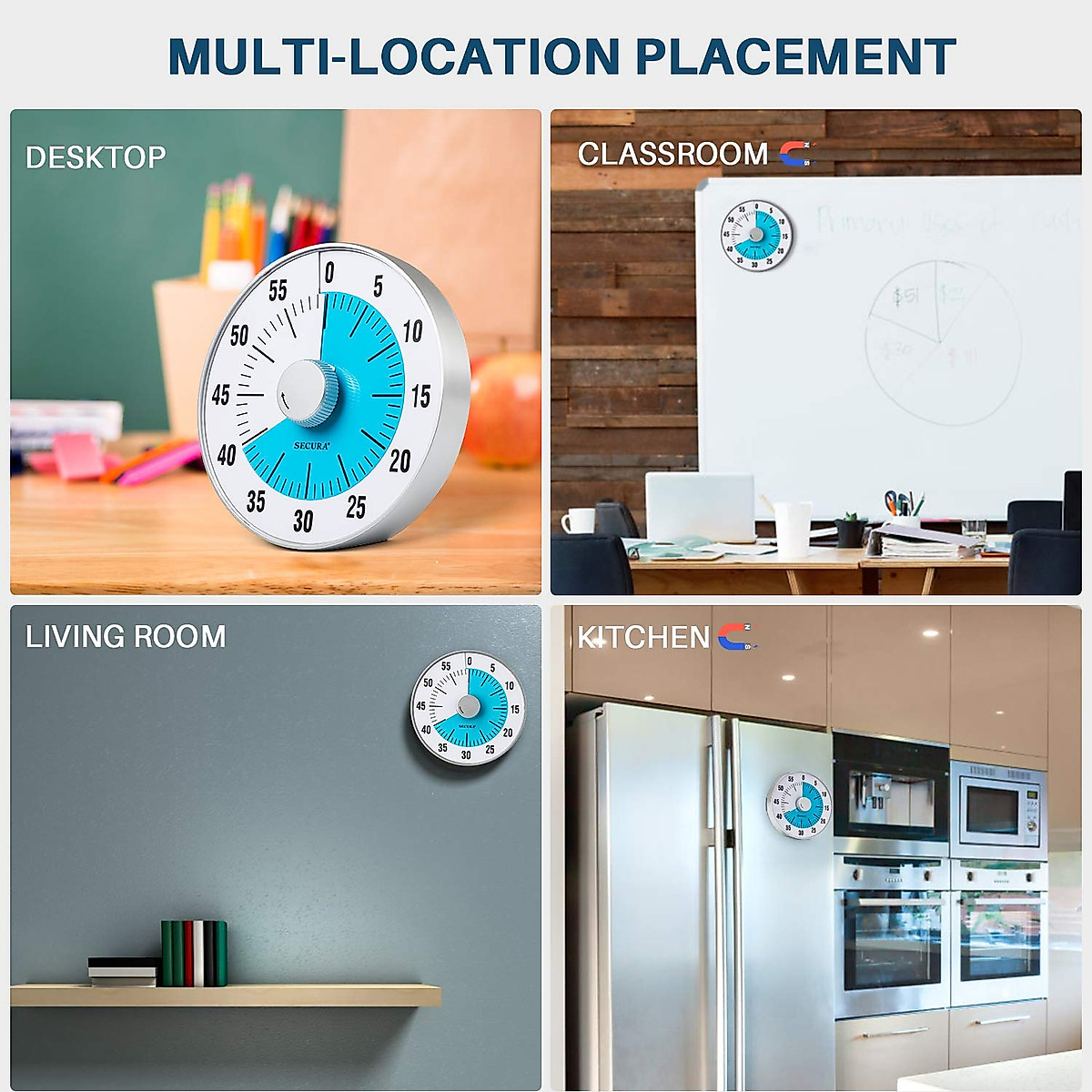 Secura 7.5-Inch Oversize Visual Countdown Timer, 60-Minute Kitchen Timer | Time Management Tool for Kids, Teachers and Adults (Blue)