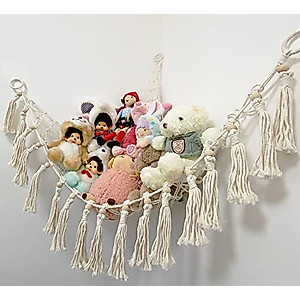 Stuffed Animal Hammock Macrame - Toy Hammock for Stuffed Animals - Stuff Animal Organizer Corner Storage Hanging Fringe - Stuffed Animal Display Holder Net Tassels for Nursery Décor, White (TH-003)