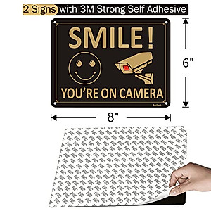 Ayifan 2 Pack Smile Your on Camera signs Sticker for Car Video Surveillance Signs 8" x 6" Reflective Aluminum Metal with Self-Adhesive Small Door Sign for Window Yard Lawn Black Gold Outdoor Indoor