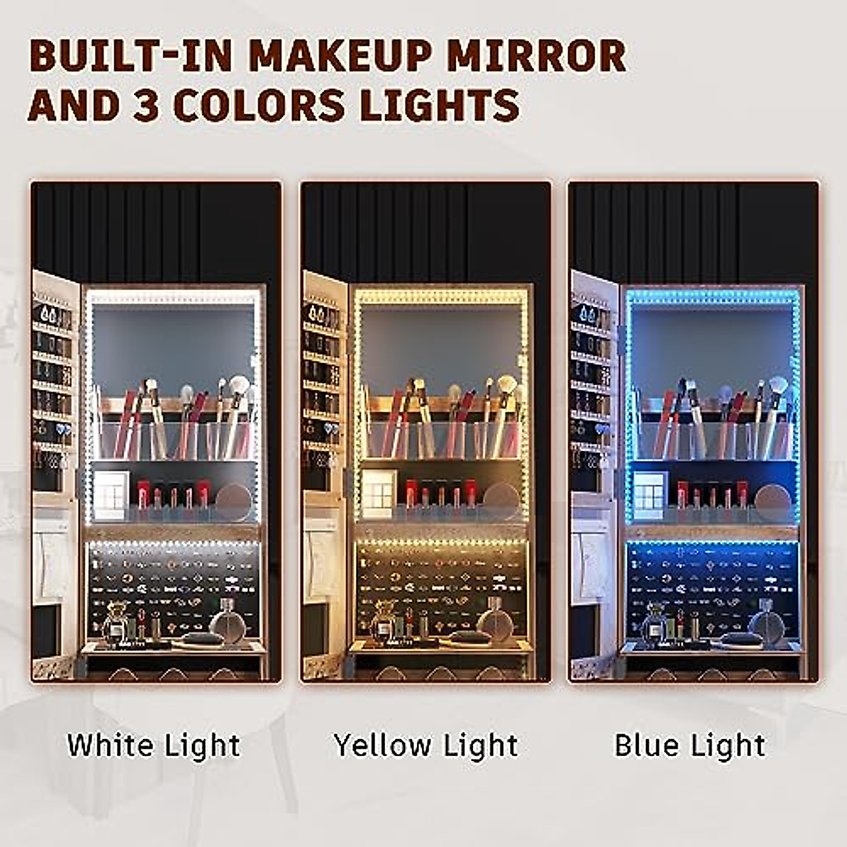 FOMNEY 360° Swivel Jewelry Armoire with Mirror, 63" H Full Length Mirror with Storage, Standing Mirror Jewelry Cabinet has LED Lights, Standing Jewelry Organizer/Makeup Shelf for Bedroom (Wood)