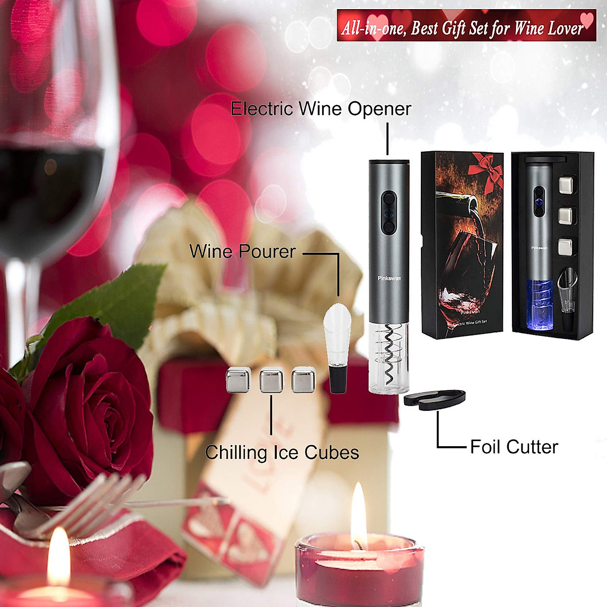 Wine Opener Electric Gift Set, Whiskey Stone Wine Lover Gifts with Wine Accessories of Automatic Corkscrew, Metal Ice Cube, Wine Pourer, Foil Cutter 4-in-1 set