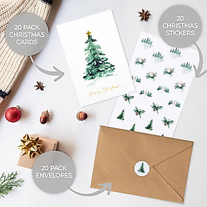 ZICOTO Beautiful Christmas Cards Set of 20 with Watercolor Designs - Incl. Bulk Envelopes, Matching Stickers And Storage Box - Perfect to Send Warm Holiday Wishes to Friends and Family