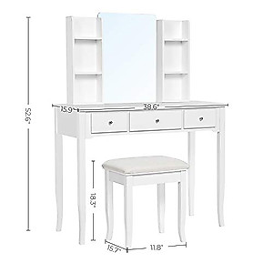 VASAGLE Vanity Set Makeup Dressing Table with Mirror, Cushioned Stool, for Bedroom, 38.6 x 15.9 x 52.6 Inches, White