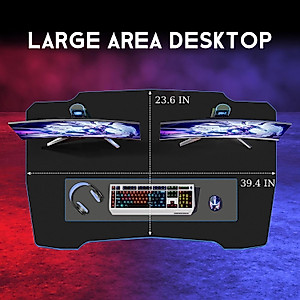 XXkseh 47 in Gaming Desk Z-Shaped Home Computer Desk with Hook Large Gaming Table for Work Study, PC Gaming Workstation with Carbon Fiber Surface, Sturdy Metal Frame, Stable and Durable, Red