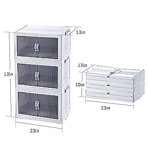 JOYBOS 3 Pack Stackable Storage Bins With Lids and Double Doors,16 Gal Collapsible Plastic Closet Organizers and Storage, Large Folding Storage Box Containers With Wheels for Home,White